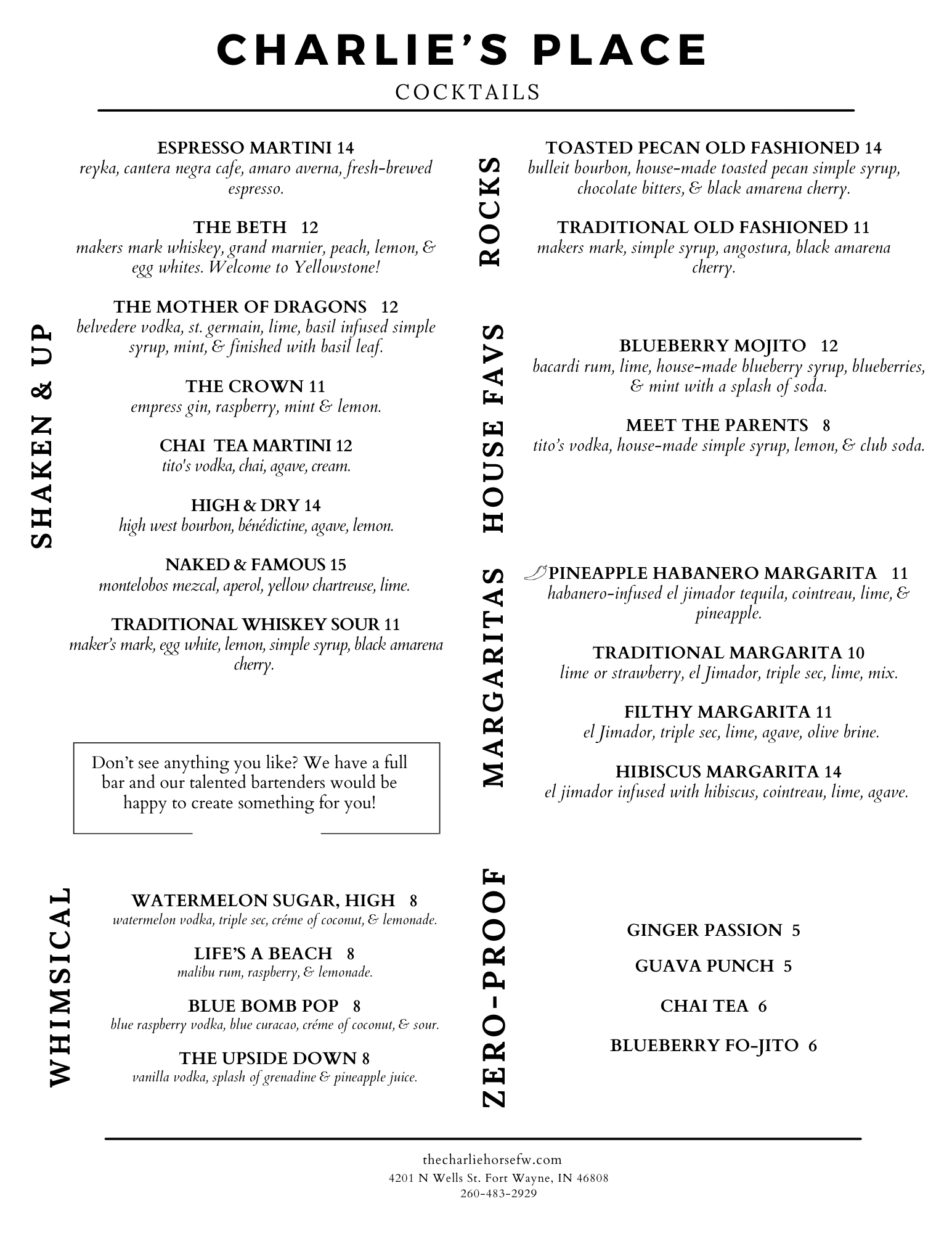 Charlie’s Place Drinks Menu - The Charlie Horse Family