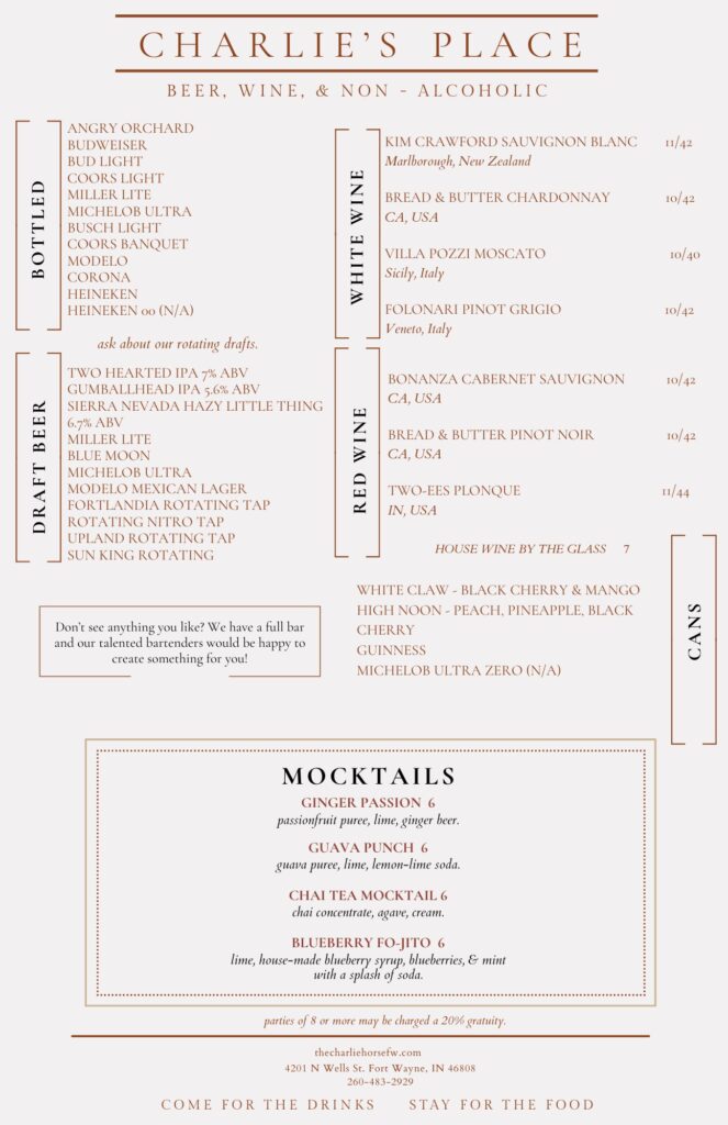 Charlie’s Place Drinks Menu - The Charlie Horse Family